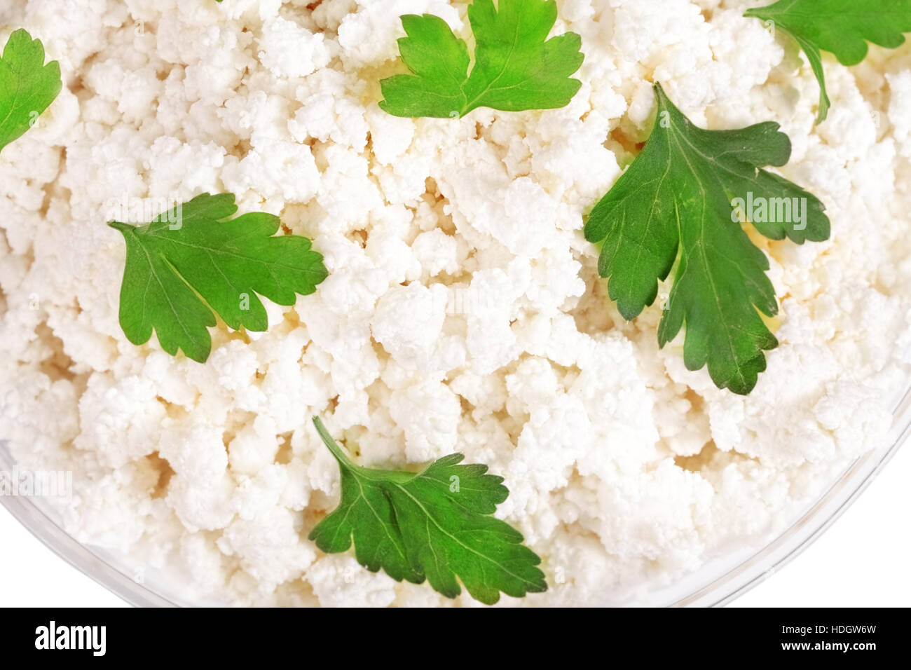 Fresh cottage cheese (curd) in glass bow, isolated on white background ...