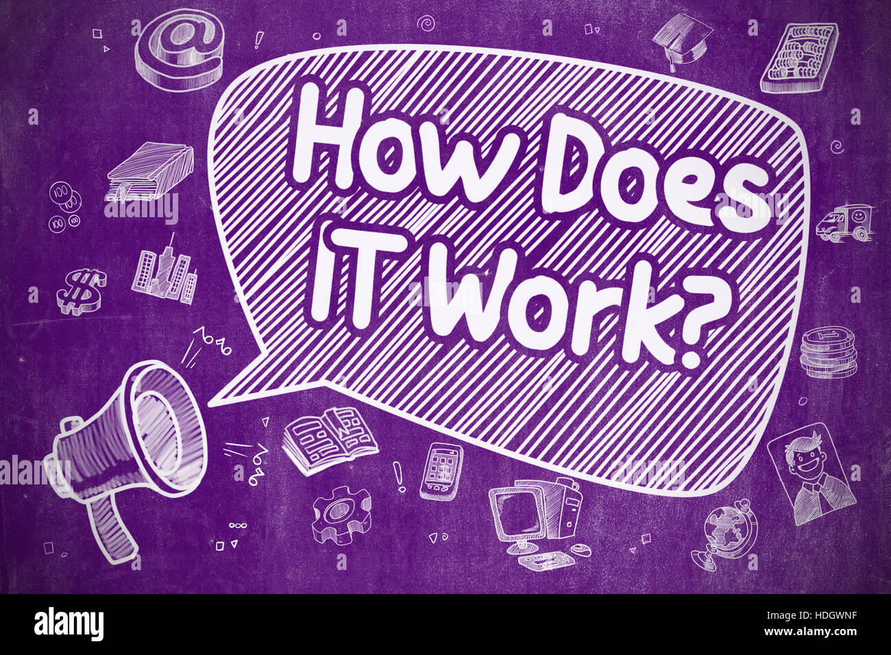 How Does IT Work - Doodle Illustration on Purple Chalkboard Stock Photo ...