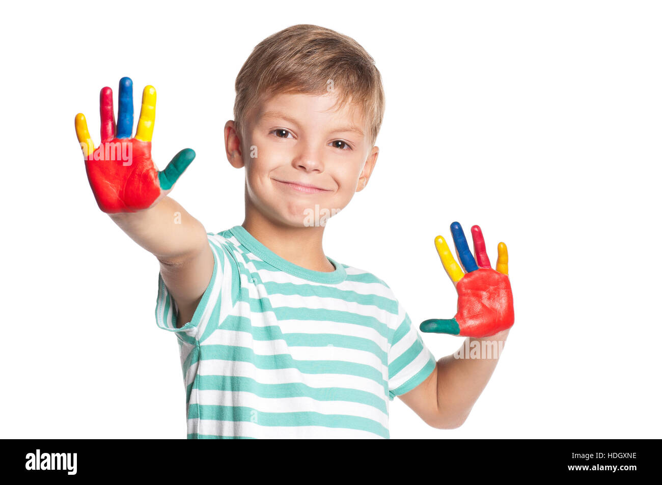 Boy with colorful hands Stock Photo - Alamy