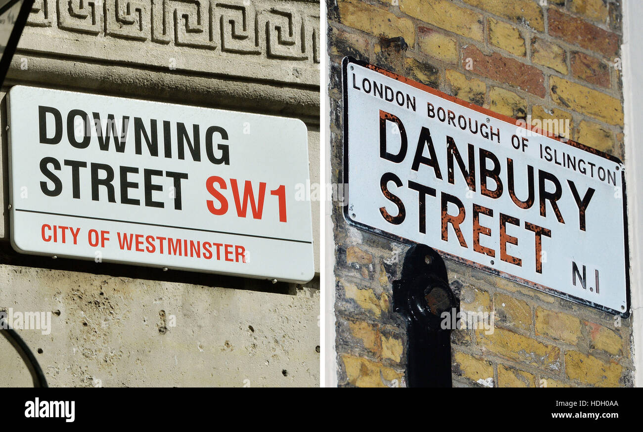Street signs for Danbury Street in Islington, north London, and Downing ...
