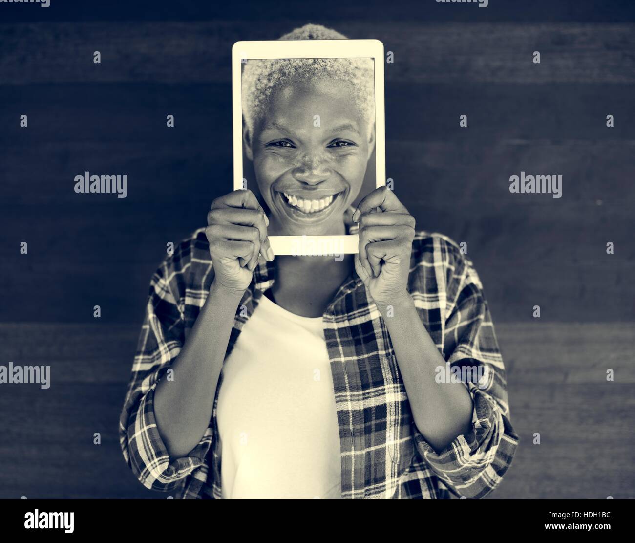 African Woman Digital Tablet Face Covered Smiling Technology Concept ...
