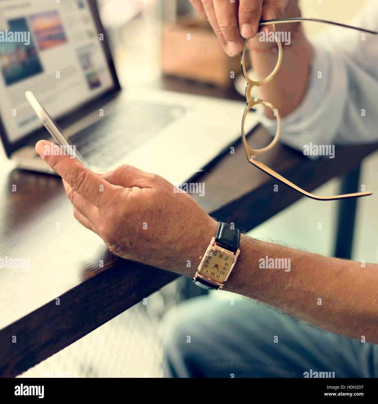 Senior Man Coffee Shop Communication Connection Technology Concept ...