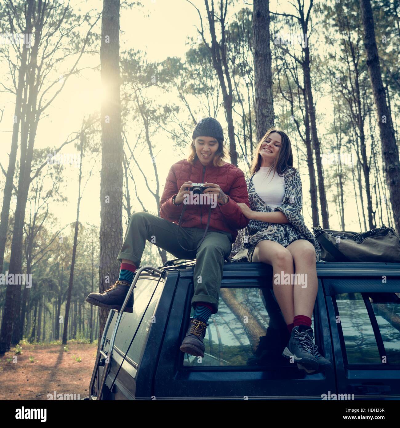 Backpacker Couple Travel Adventure Happiness Concept Stock Photo - Alamy