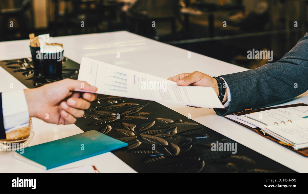 Business Man Handing Out Report Restaurant Table Concept Stock Photo ...