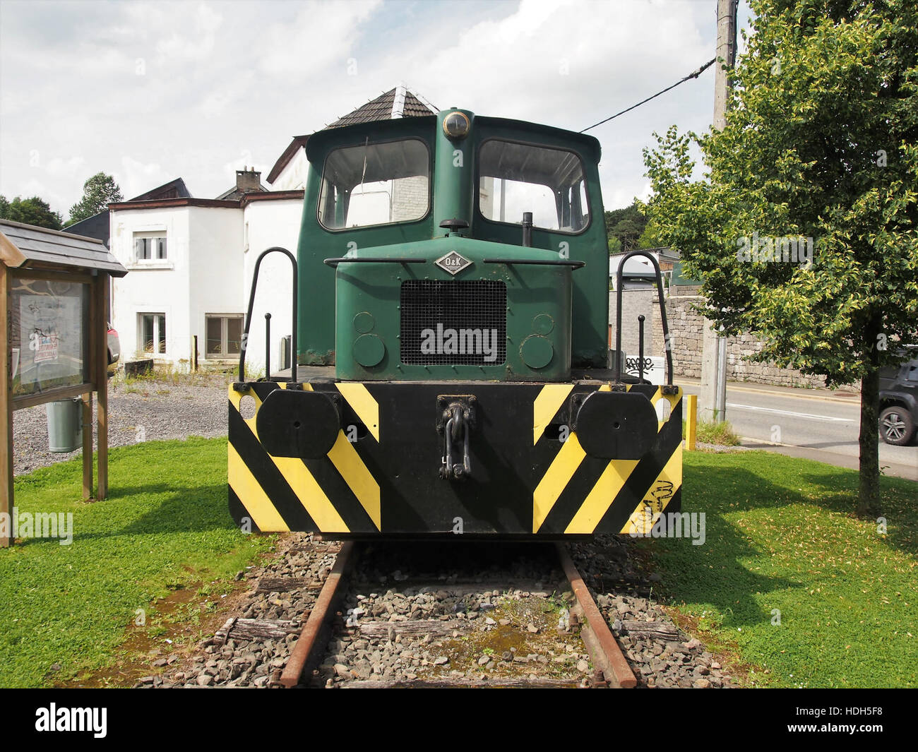 The image shows a vintage tram at the Fond Leval station in Sprimont ...