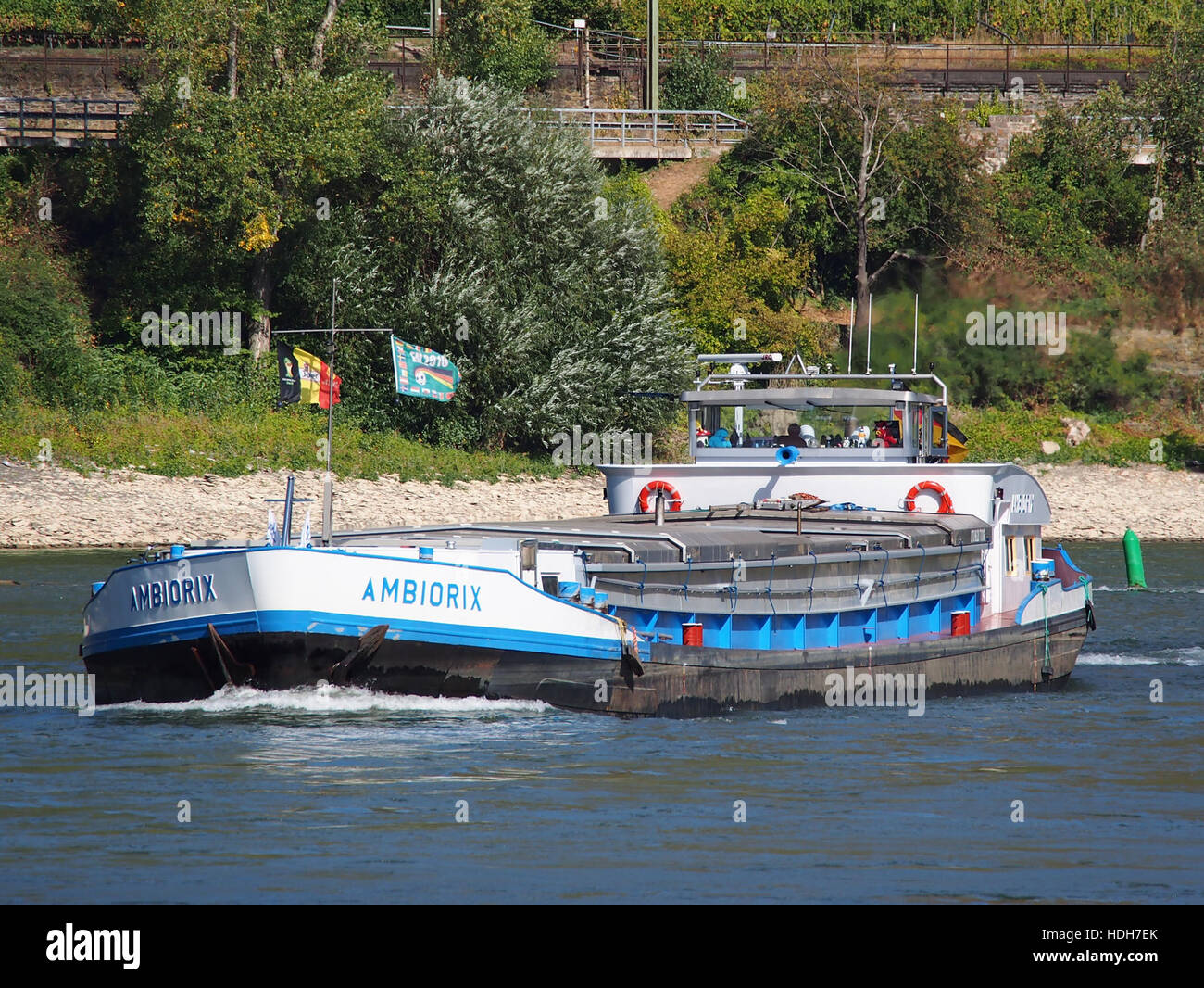 The Ambiorix, a ship built in 1966, is shown navigating the Rhine River ...
