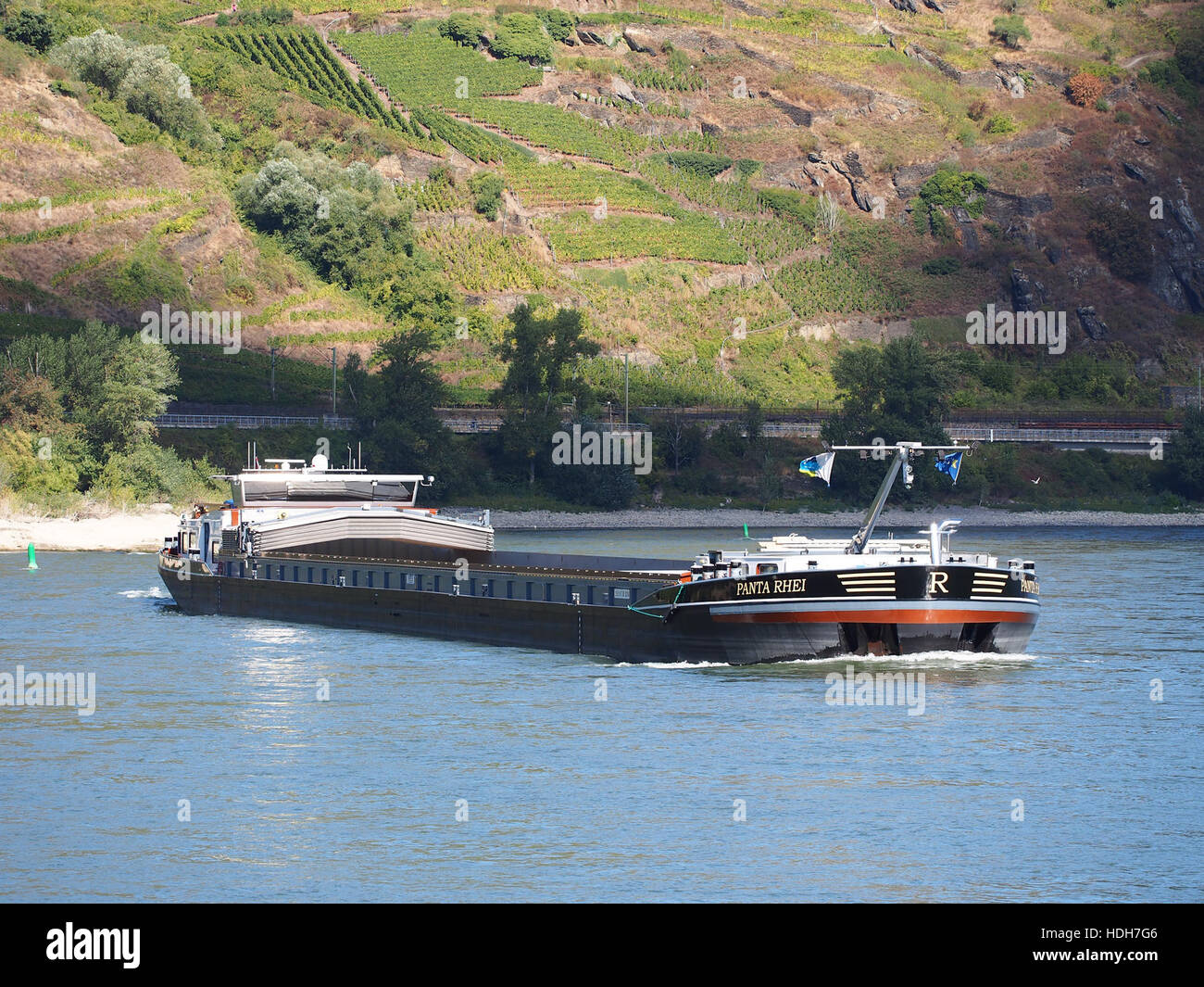 The ship Panta Rhei, identified by ENI 02331448, sails along the Rhine ...
