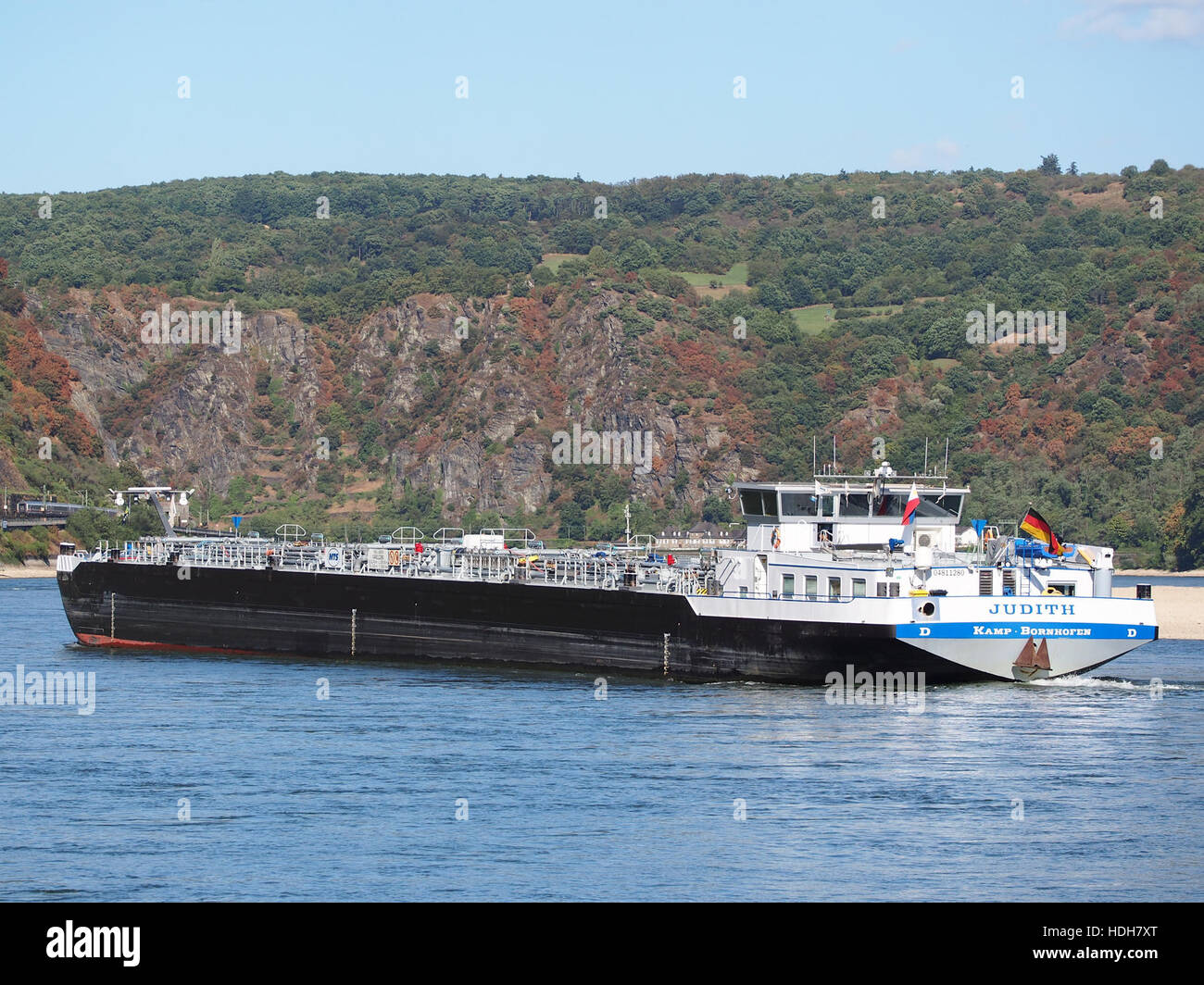 The Judith is a modern ship cruising on the Rhine River, near Oberwesel ...