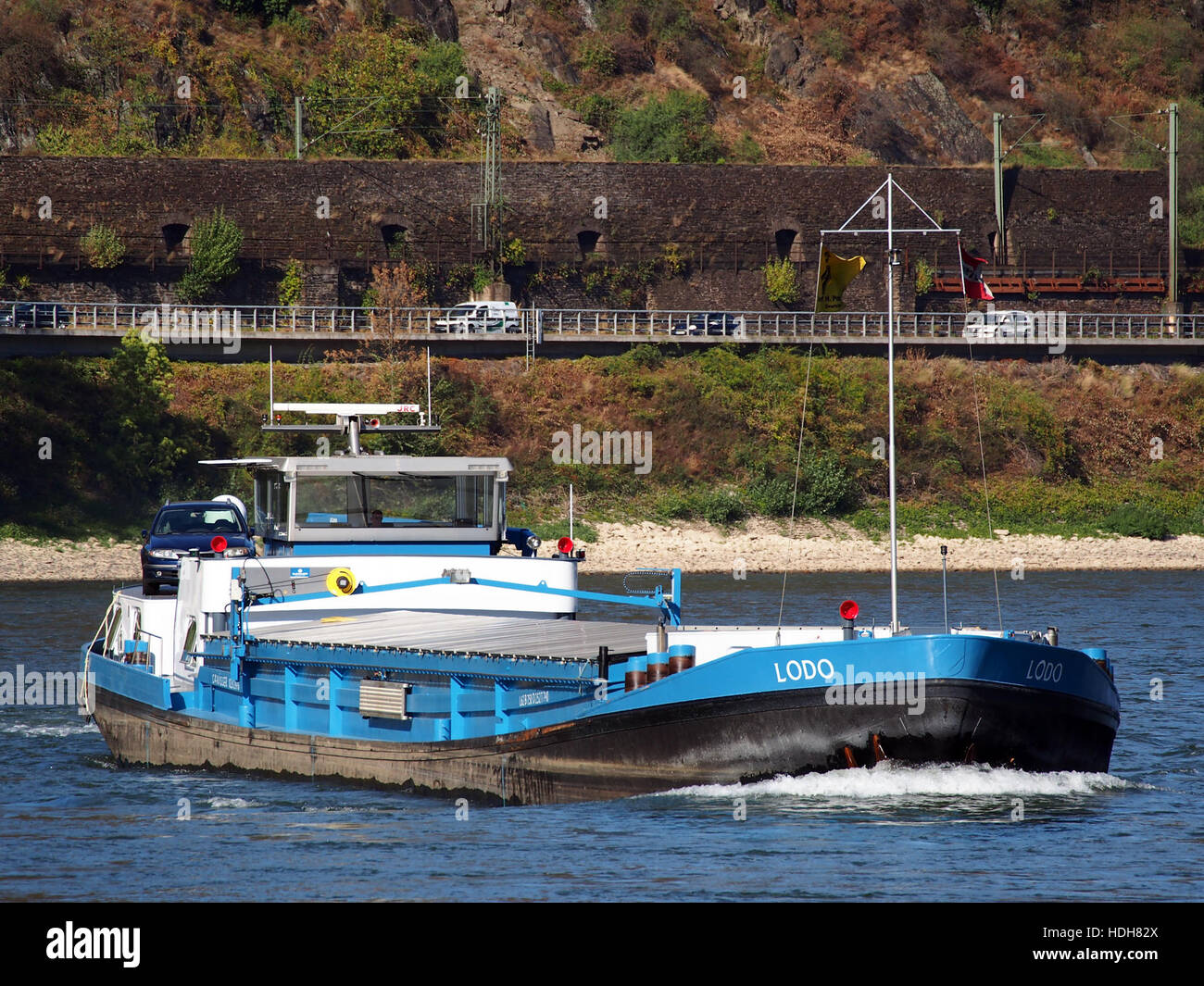 The photograph shows the Lodo, a ship from 1963, on the Rhine River ...