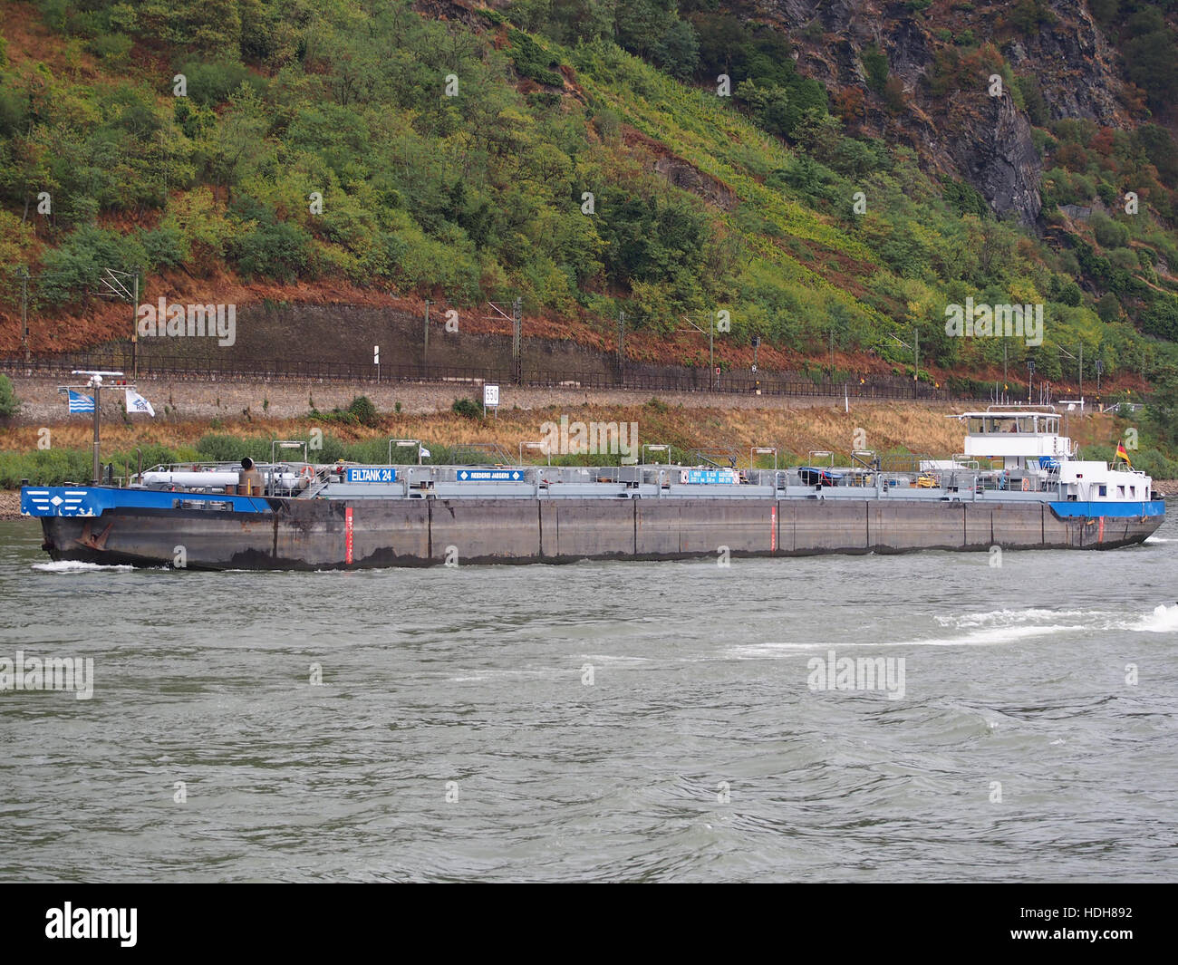 Eiltank 24, a chemical tanker built in 1983, sails on the Rhine River ...