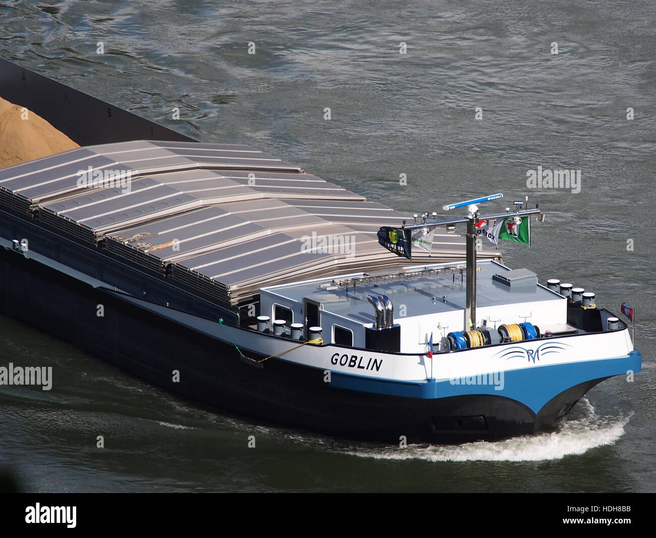 The ship 'Goblin' is seen navigating the Rhine River at the Loreley, a ...