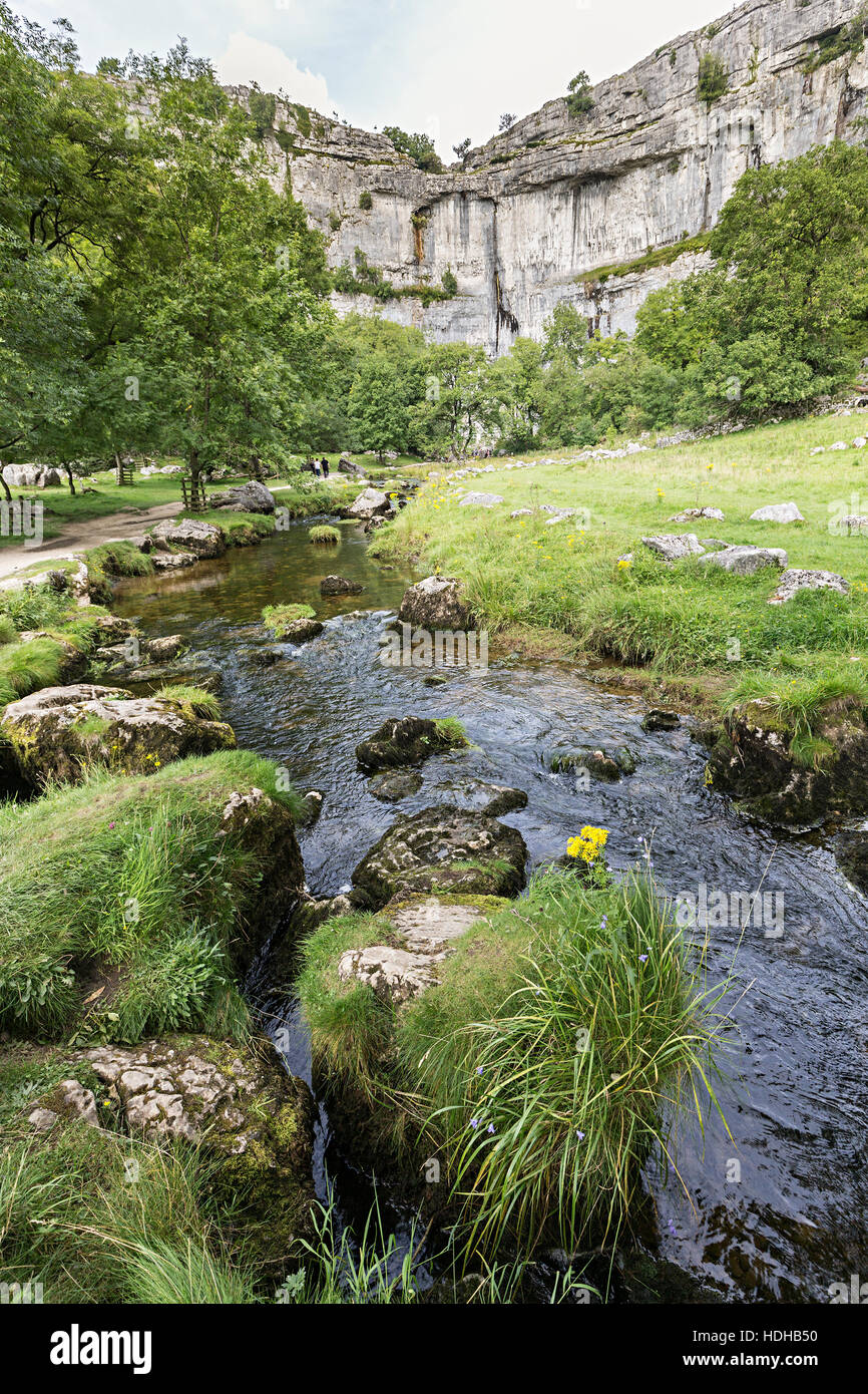 Malham Cove limestone scenery with river that emerges from cliff ...