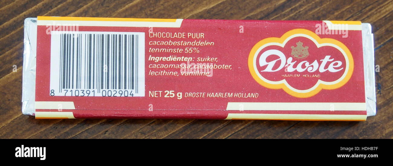 This image showcases a 25g bar of Droste pure chocolate, an iconic ...