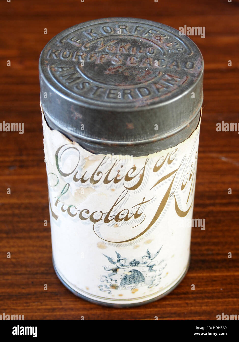 This image depicts a vintage tin can from Korff's Cacao featuring the ...