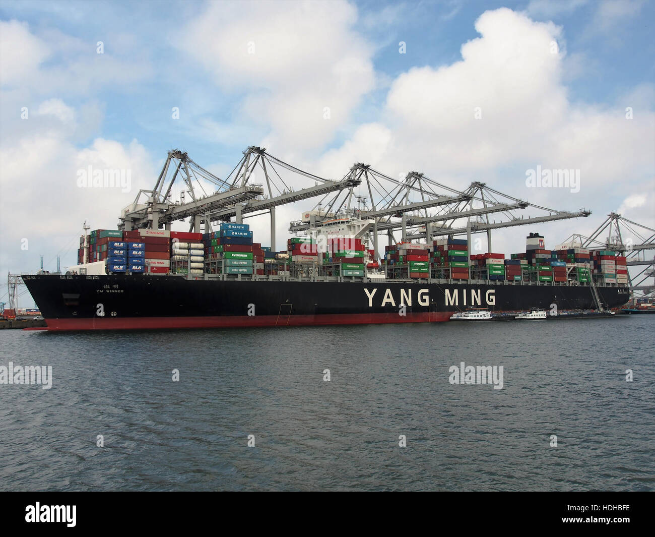 The YM Winner, a container ship with IMO number 9684689, is seen docked at the Amazonehaven in ...