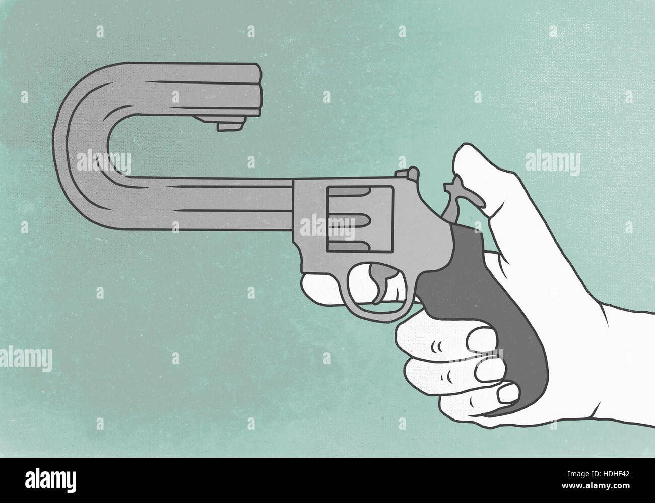 Illustration of hand holding gun with curved barrel representing ...