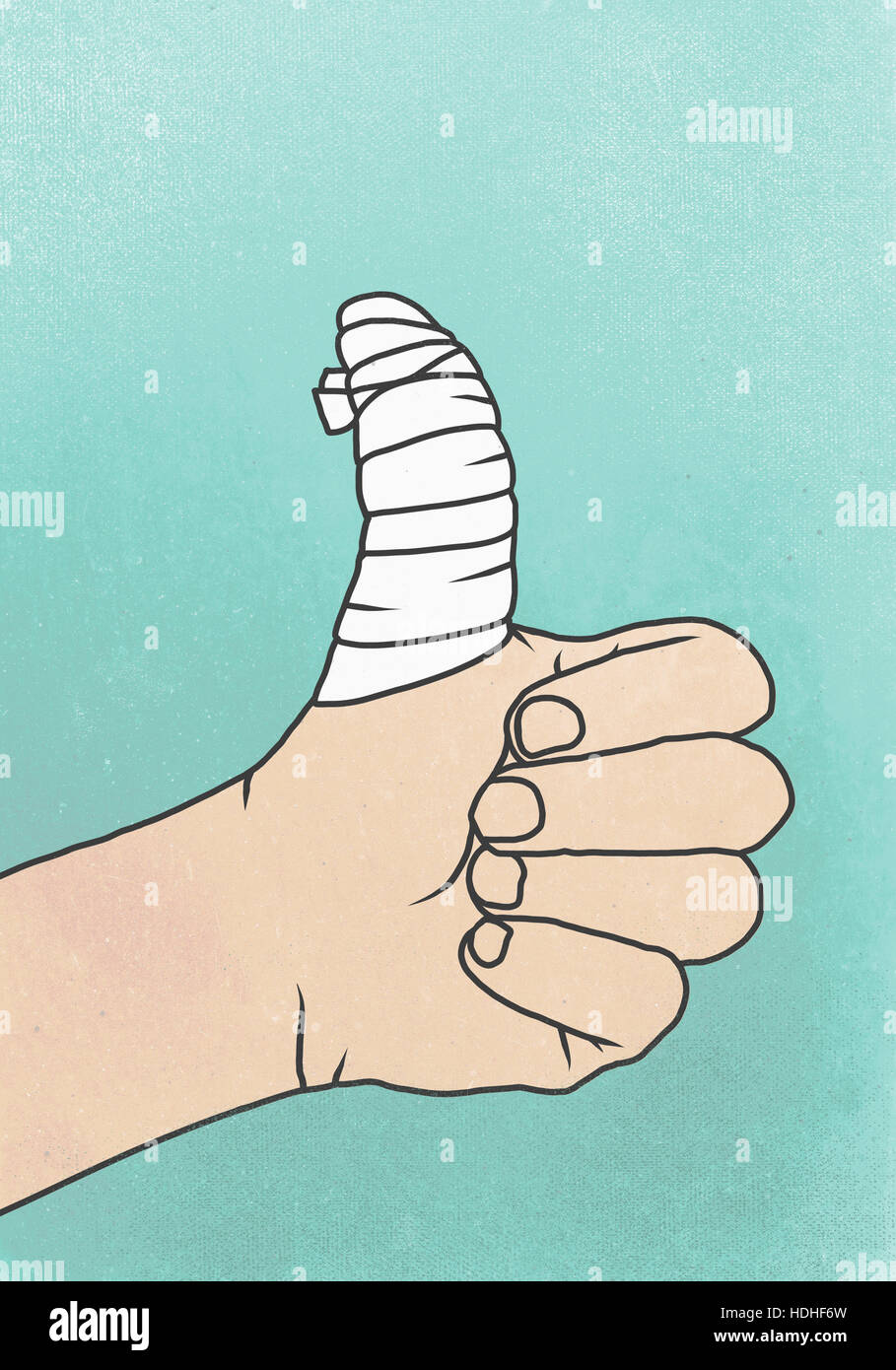 Illustration of hand with bandage wrapped on thumb against colored ...