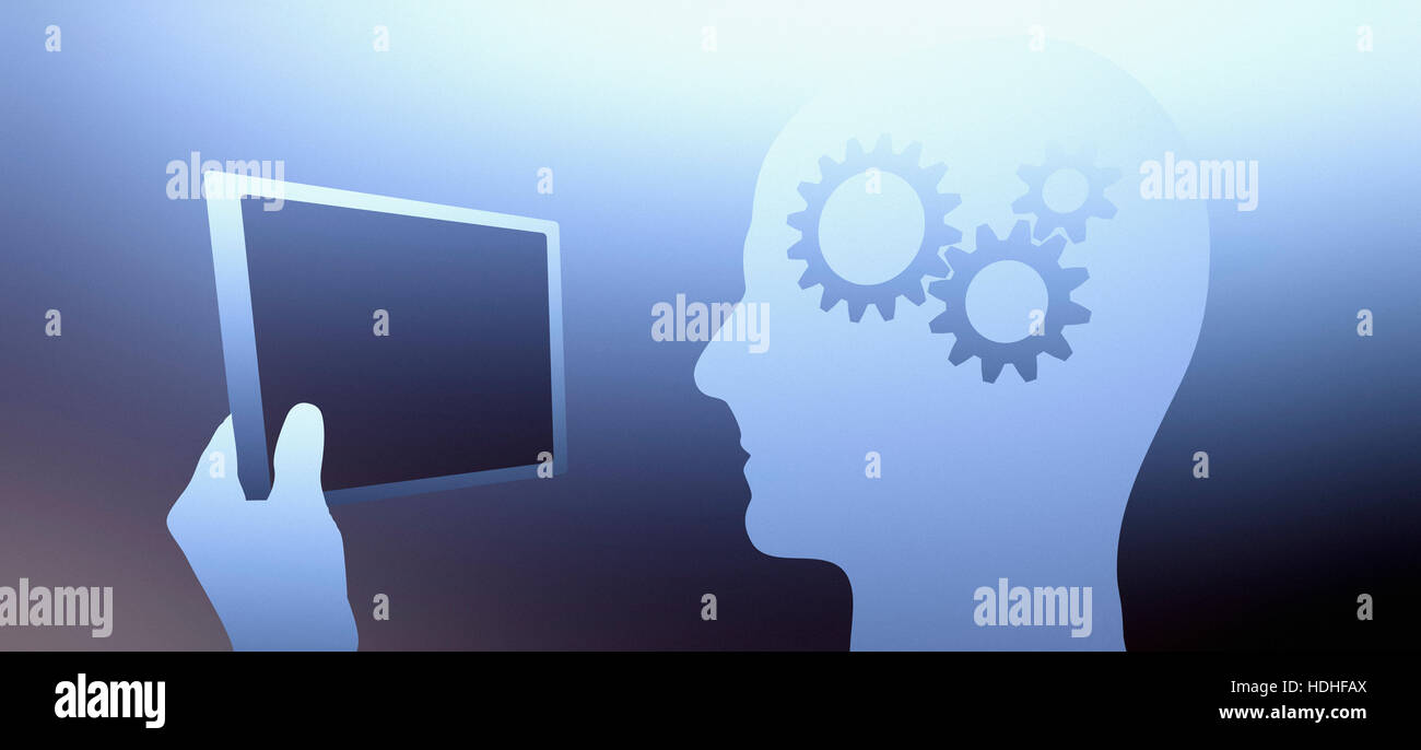 Digital composite image of male with cogs in his head using digital ...