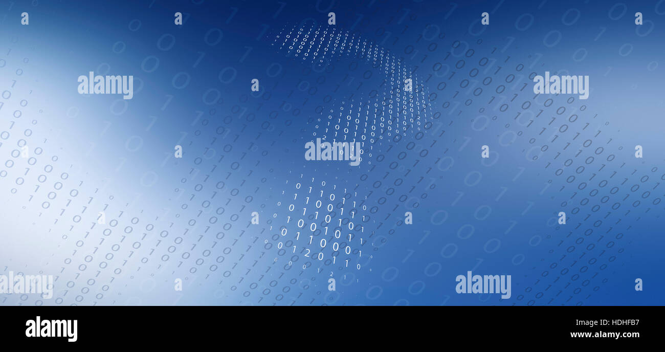 Low angle view of question mark made from binary code over blue ...