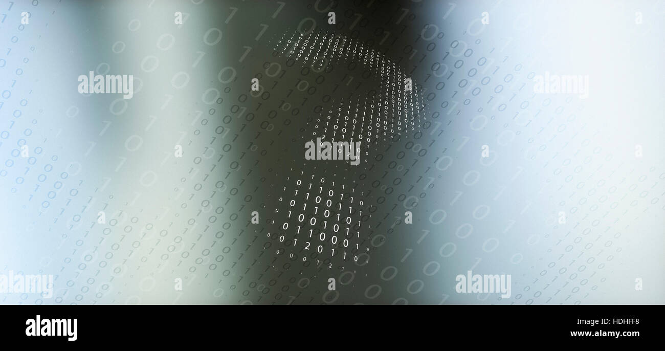 Low angle view of question mark made from binary numbers over colored ...