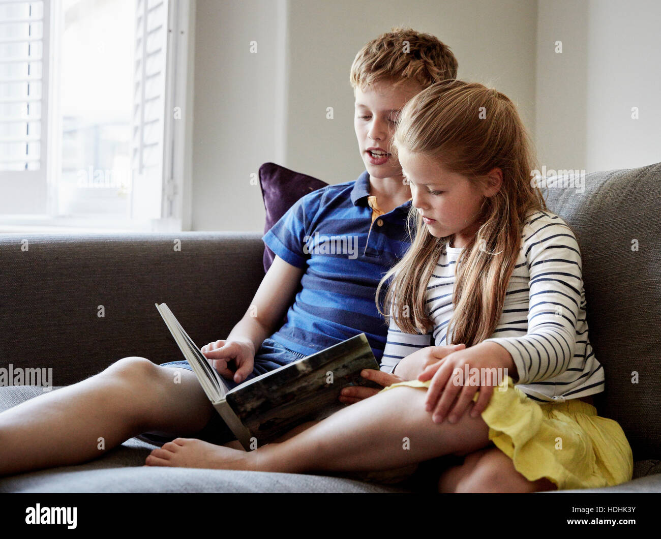 A family home. Two children seated side by side reading a book Stock ...