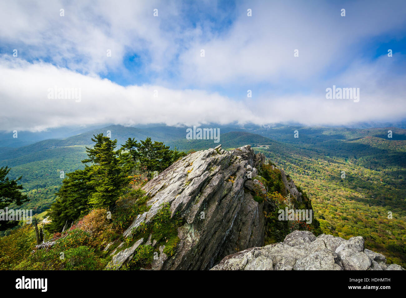 Rocky outcrop and view of the Blue Ridge Mountains, at Grandfather ...
