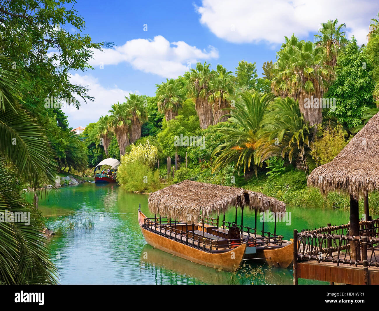 landscape and walking canoe on river in French Polynesia Stock Photo ...