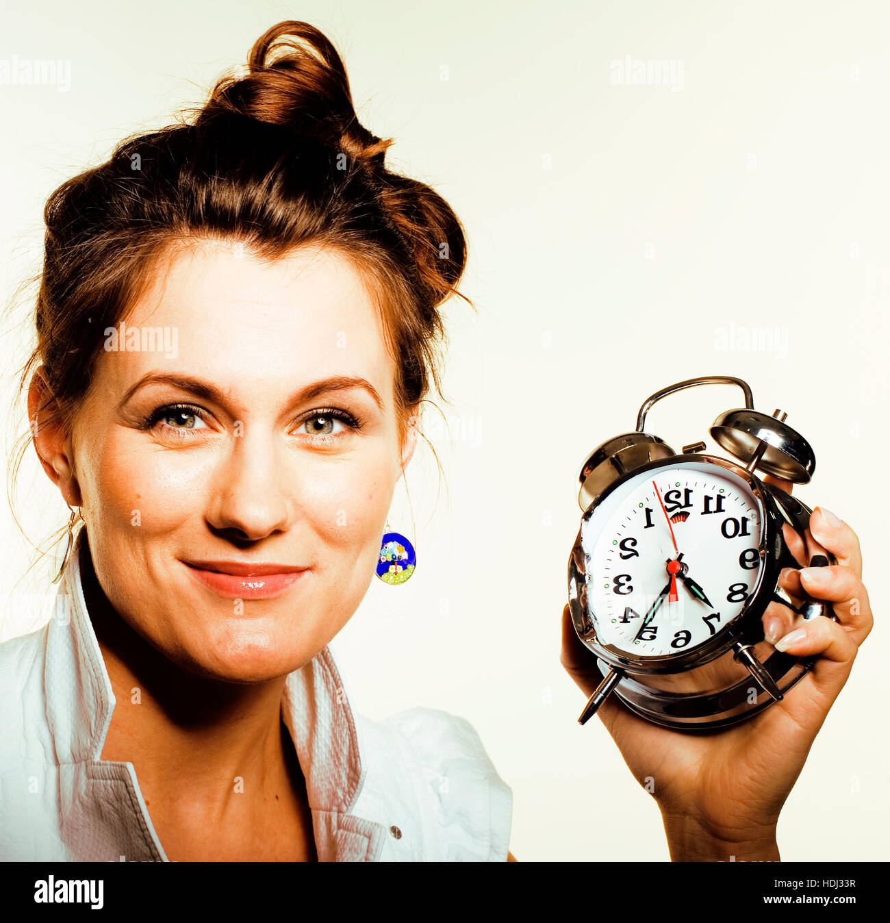 young beauty woman in business style costume waking up for work early ...