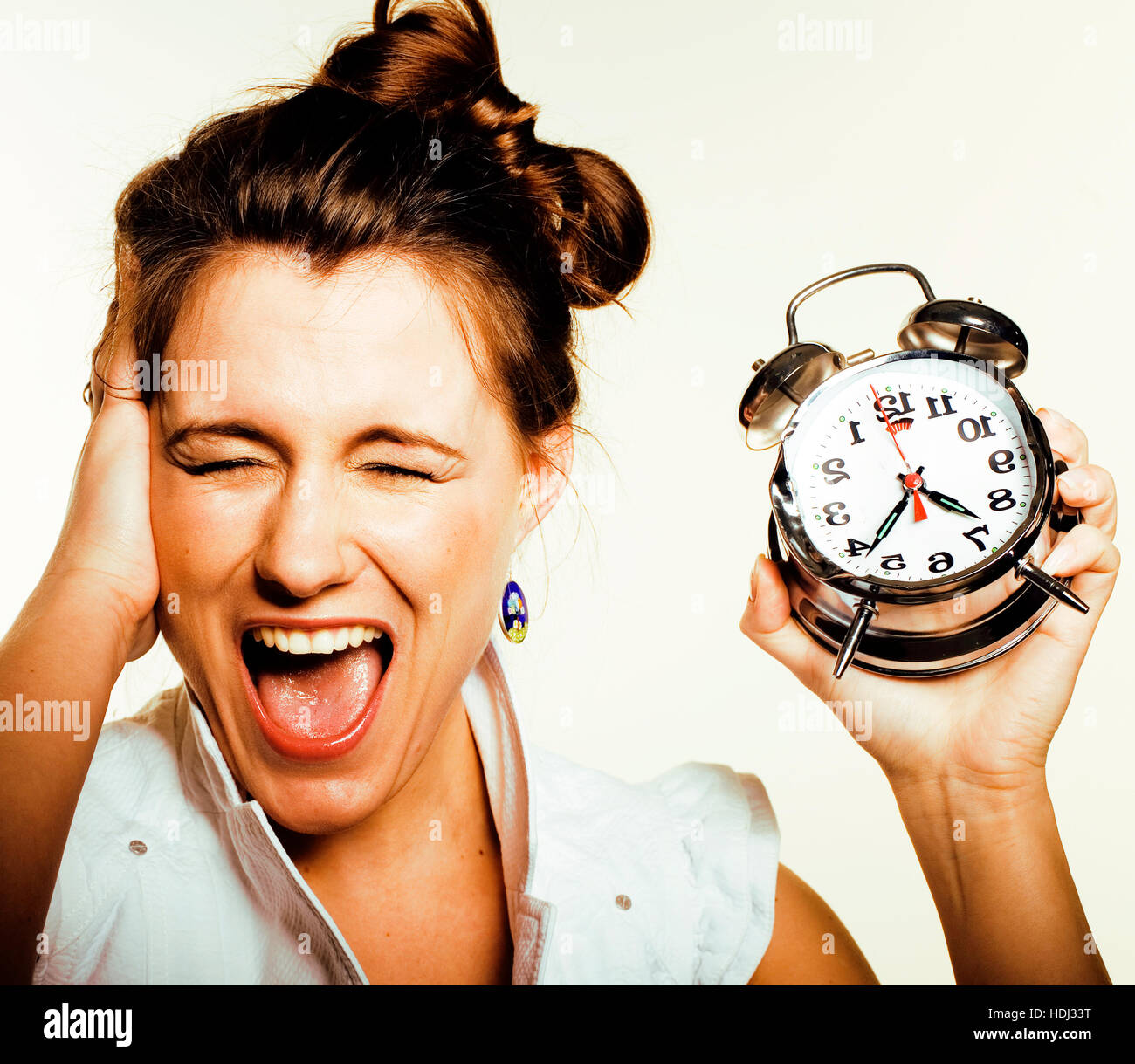 young beauty woman in business style costume waking up for work early ...