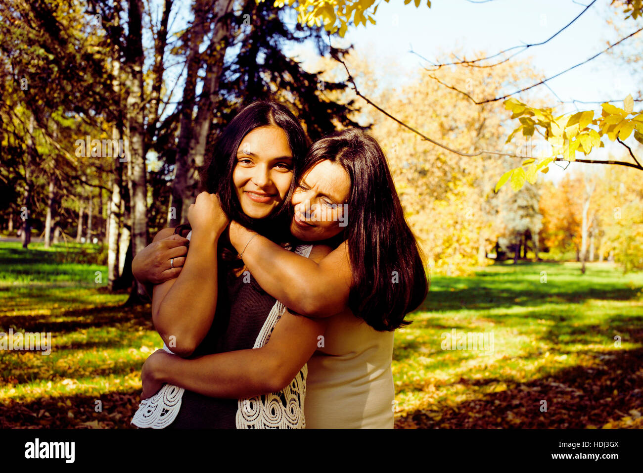 mature real mother with daughter outside autumn fall in park Stock ...