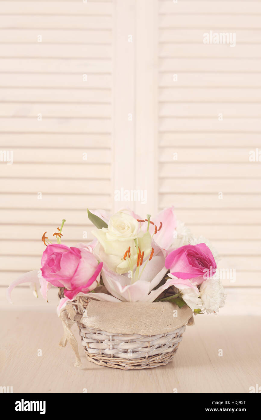 Beautiful flower composition in basket, Valentines day gift Stock Photo ...