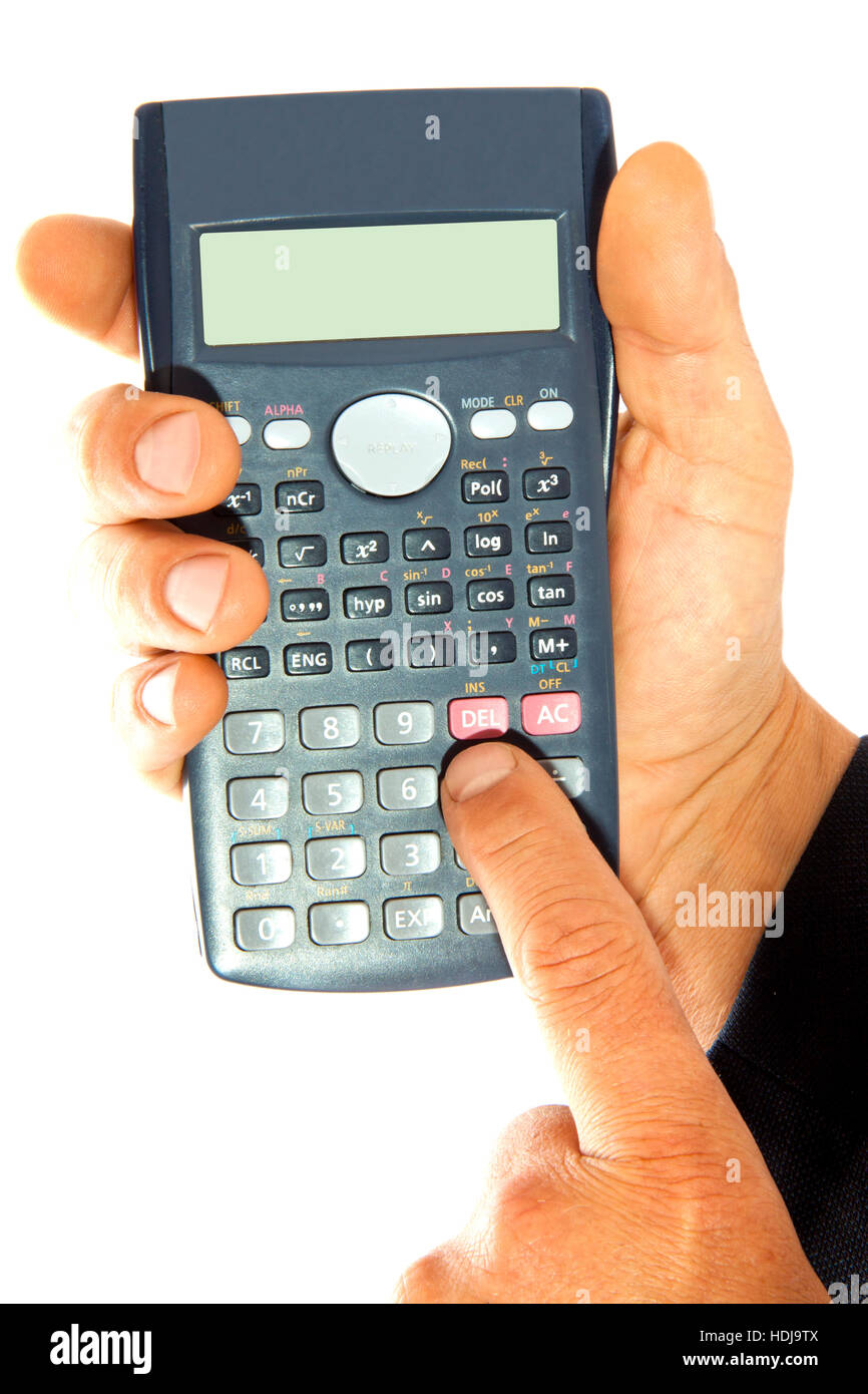 Calculater in mans hand on a white background Stock Photo - Alamy