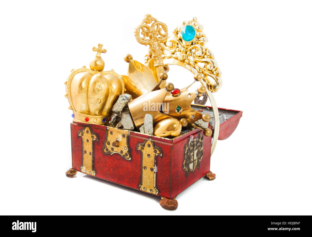Treasure chest filled with golden objects isolated over white Stock ...