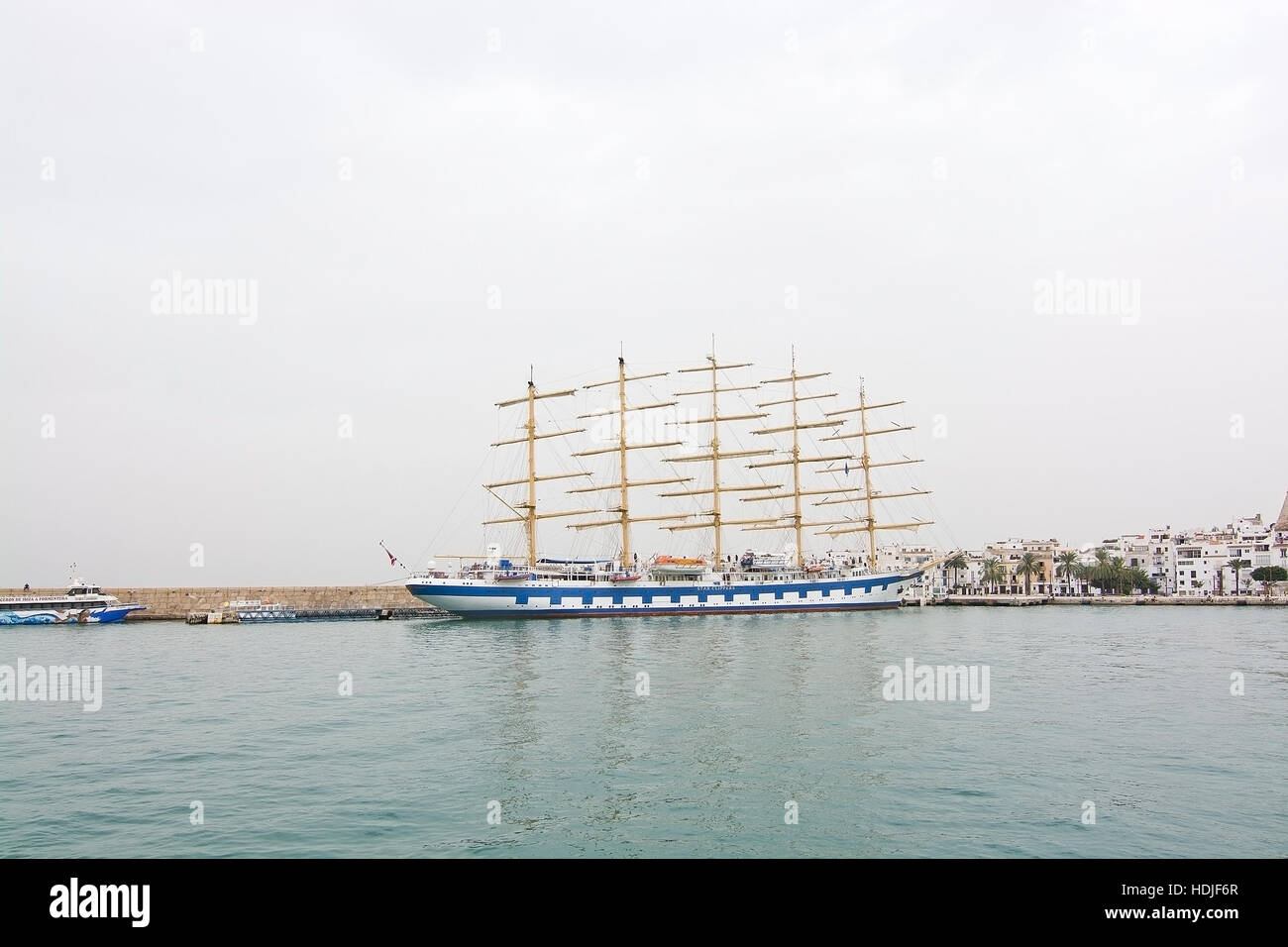 Star Clipper five masted ship moored in port on an overcast day on ...