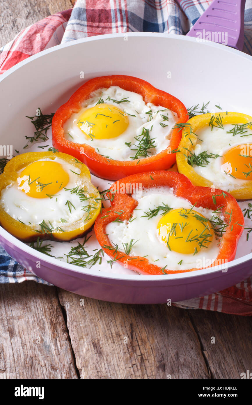 fried eggs with yellow and red peppers in a pan close-up. vertical ...