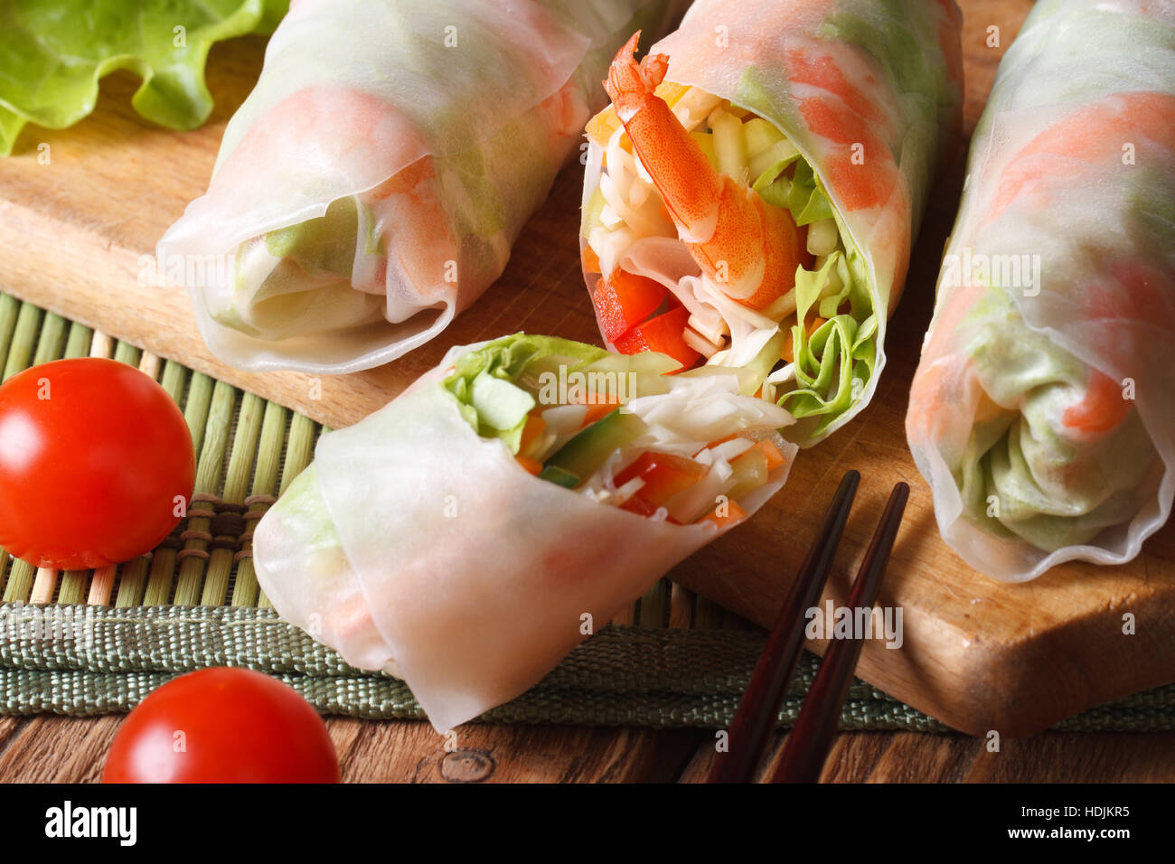 sliced the spring rolls with shrimp vegetables close-up on the table ...
