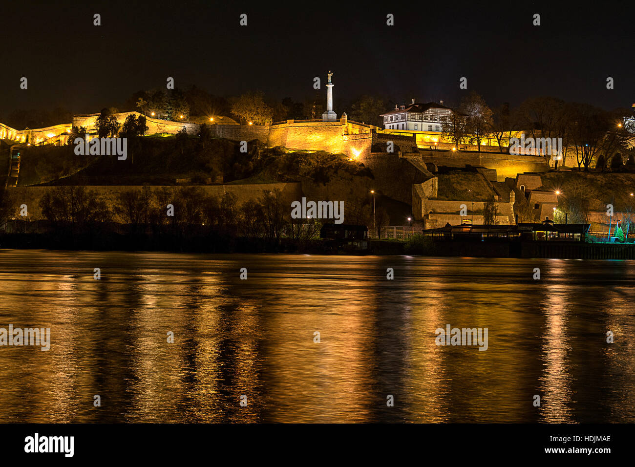 Nigh view of old Belgrade fortress and monument with nice colorful ...