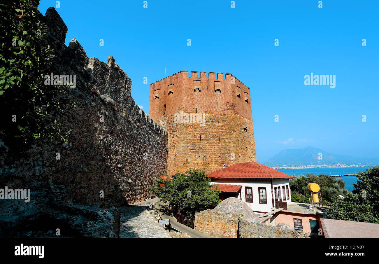 Photo of a red tower in Alanya in Turkey Stock Photo - Alamy