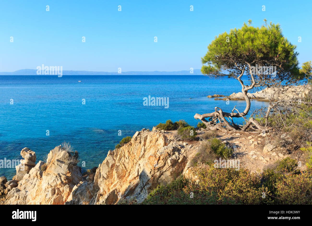 Aegean sea coast landscape with aquamarine water, view near Mega ...