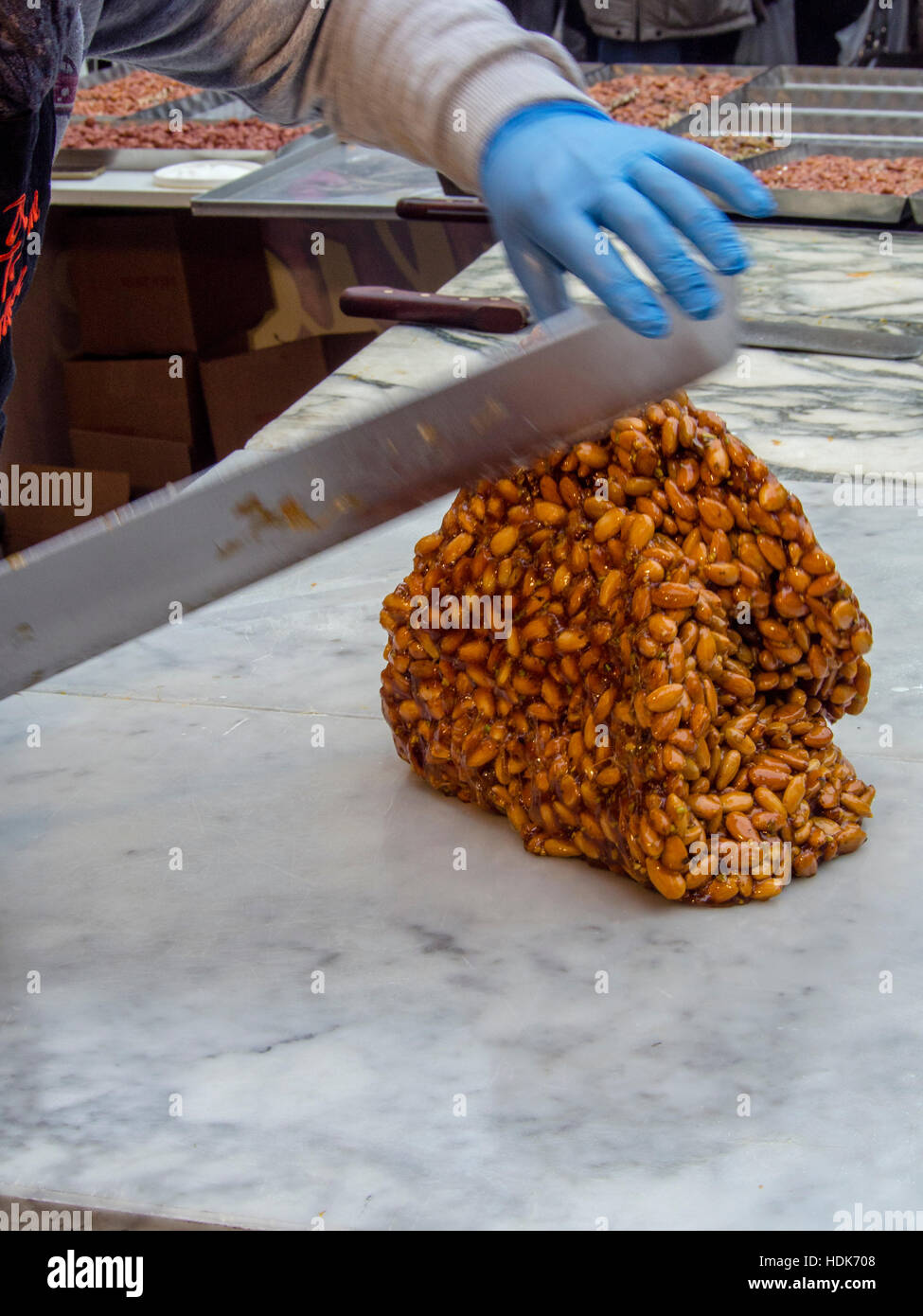Making almond brittle , street live demo, Festa del Torrone, Cremona ...