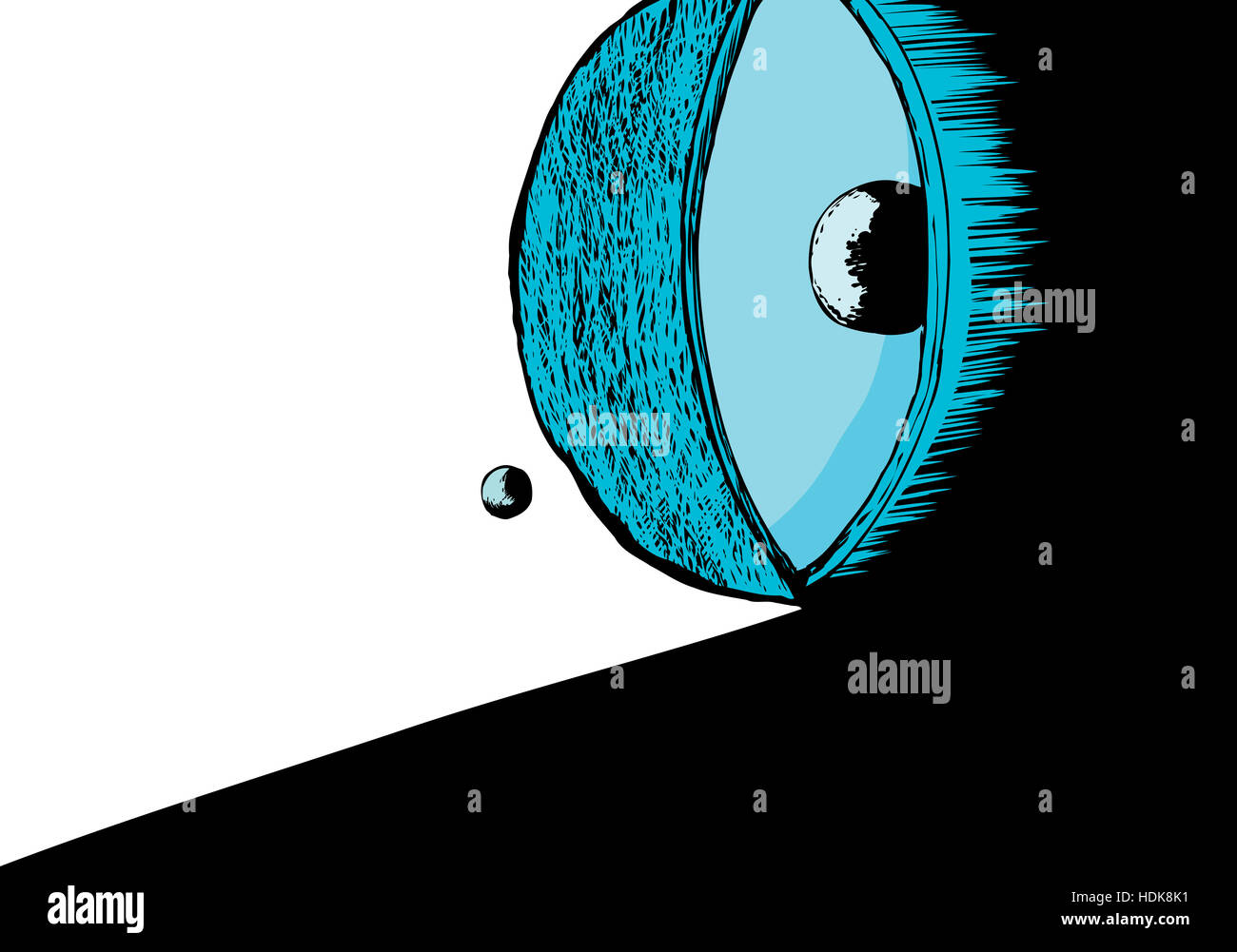 Cross section of glowing blue atom with shadow over white background ...