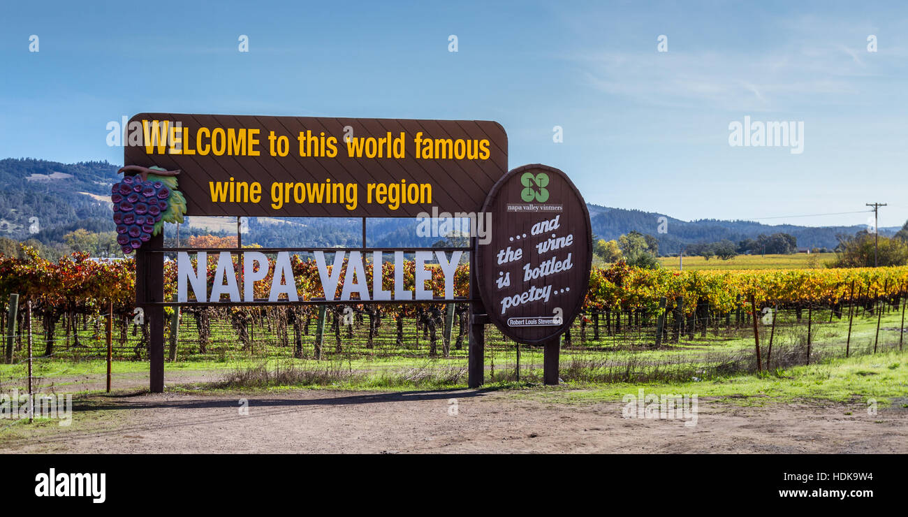 view of the napa valley welcome sign with color changing grape vines in ...