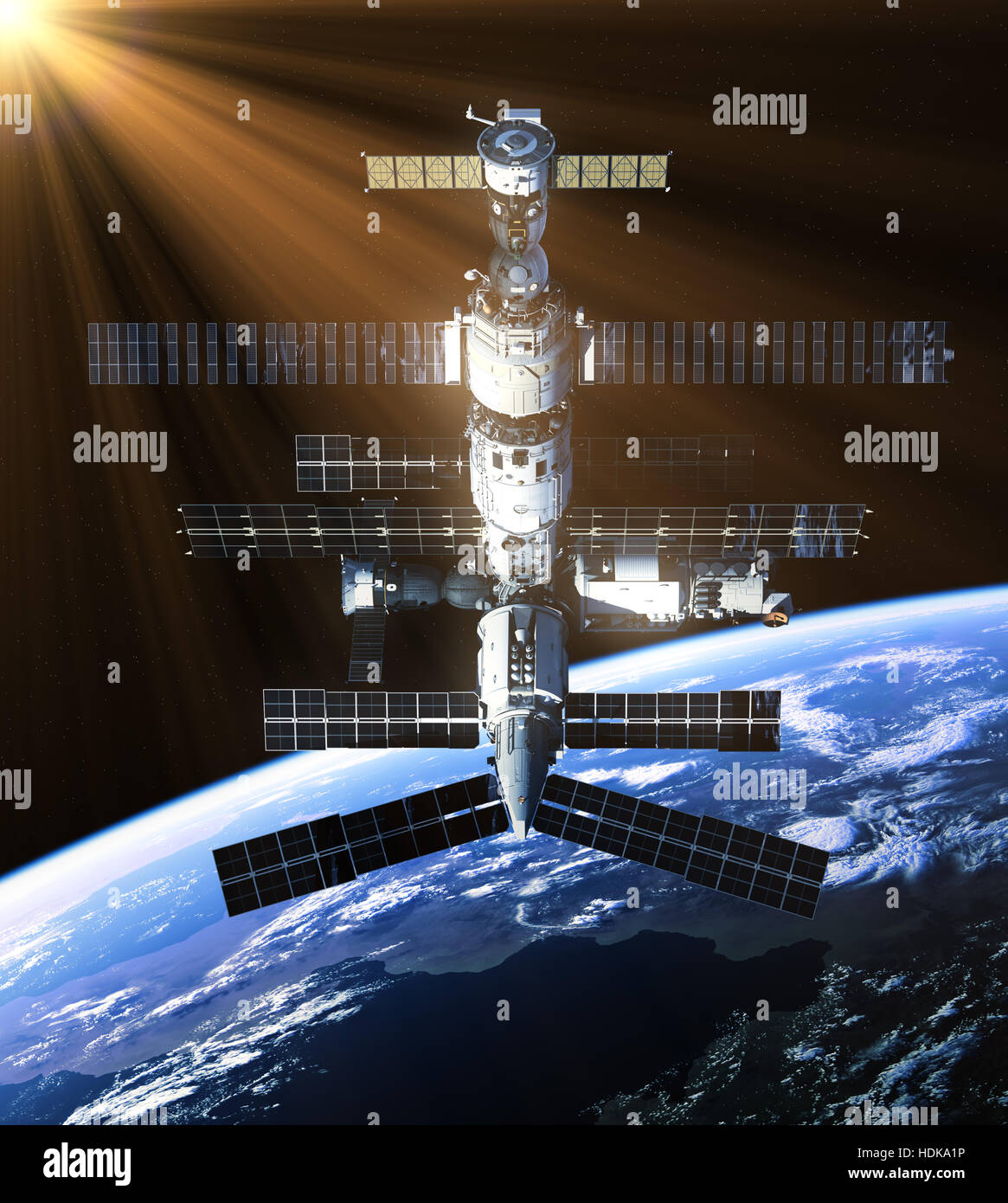 Space Station In The Rays Of Sun. 3D Illustration Stock Photo - Alamy