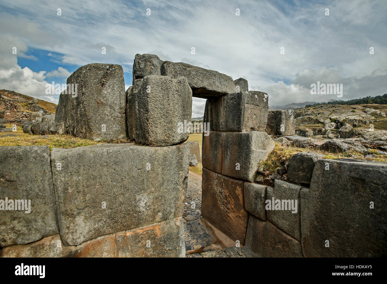 Stone gate, Sacsayhuaman Inca fortress ruins, Cusco, Peru Stock Photo ...