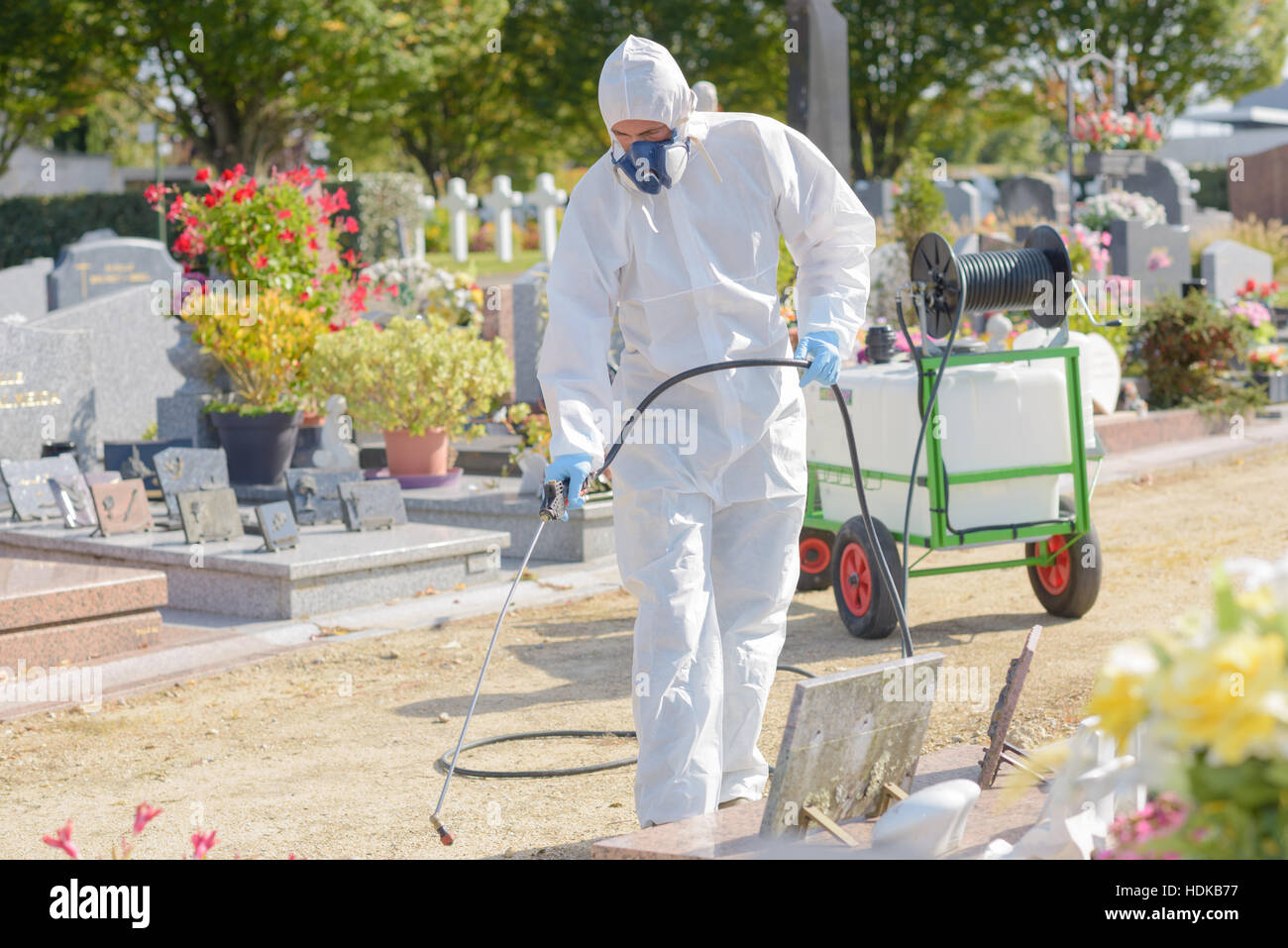 industrial cleaner sterilising graveyard with high pressure hose Stock ...