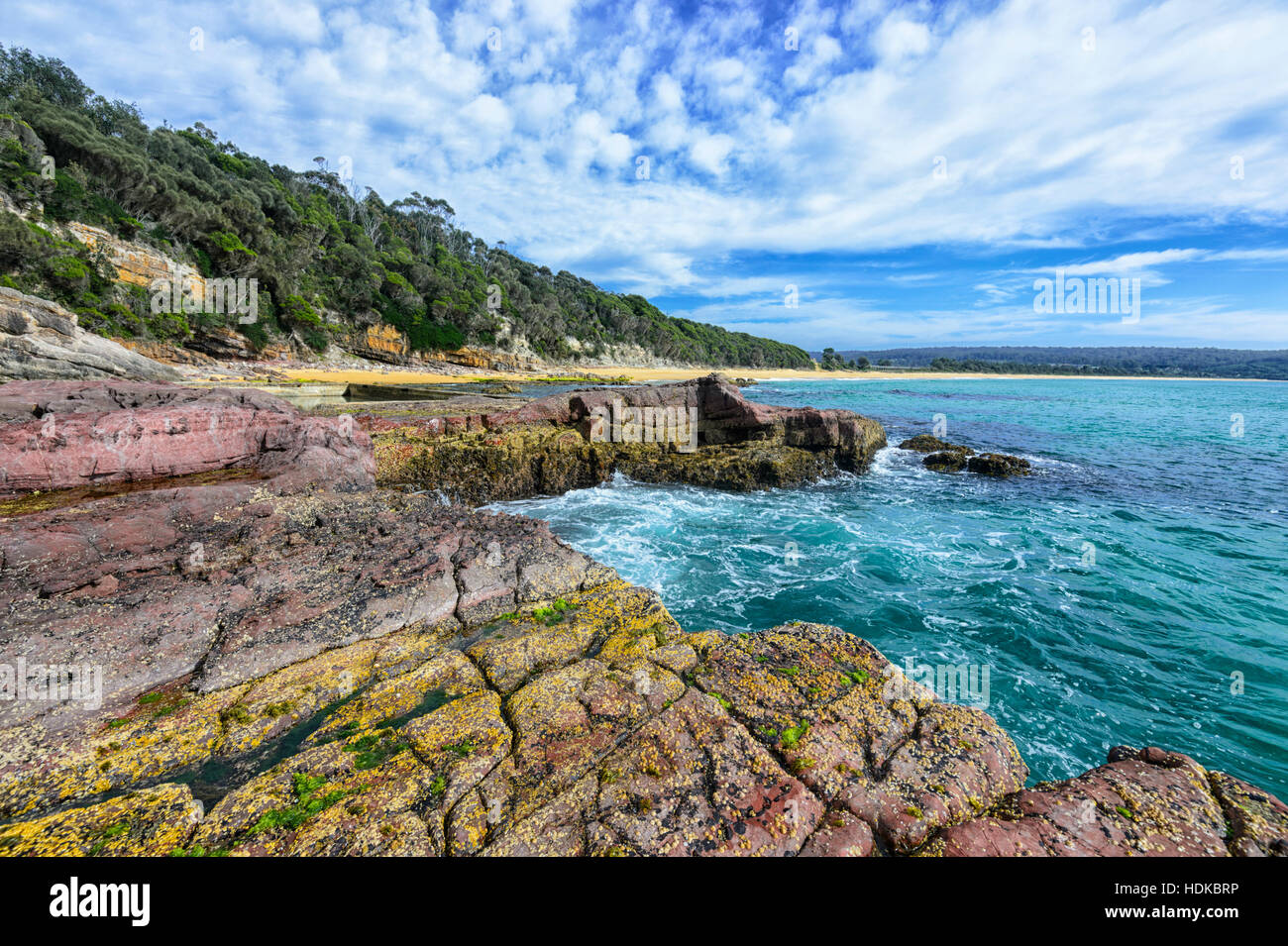 View of the scenic rugged coastline at Aslings Beach, seen from the ...