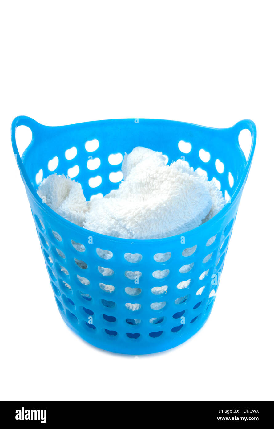 Dirty laundry in blue plastic basket isolated over white Stock Photo ...