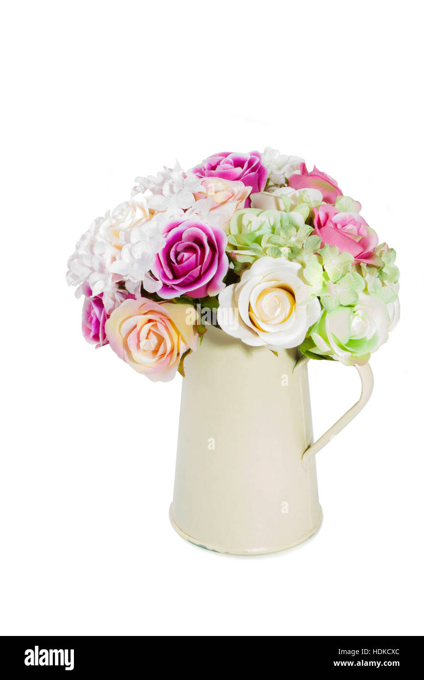 Bouquet colorful roses in vintage can isolated over white Stock Photo ...