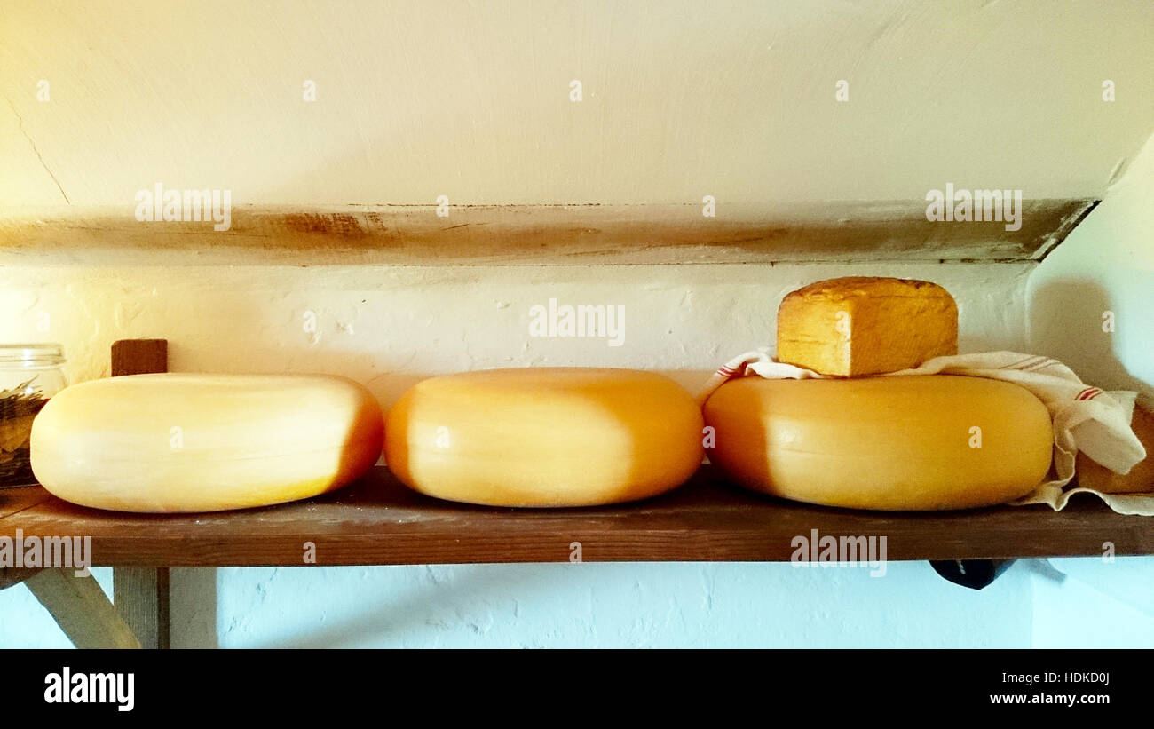 Dutch round cheese on wooden shelves in a farm room Stock Photo - Alamy