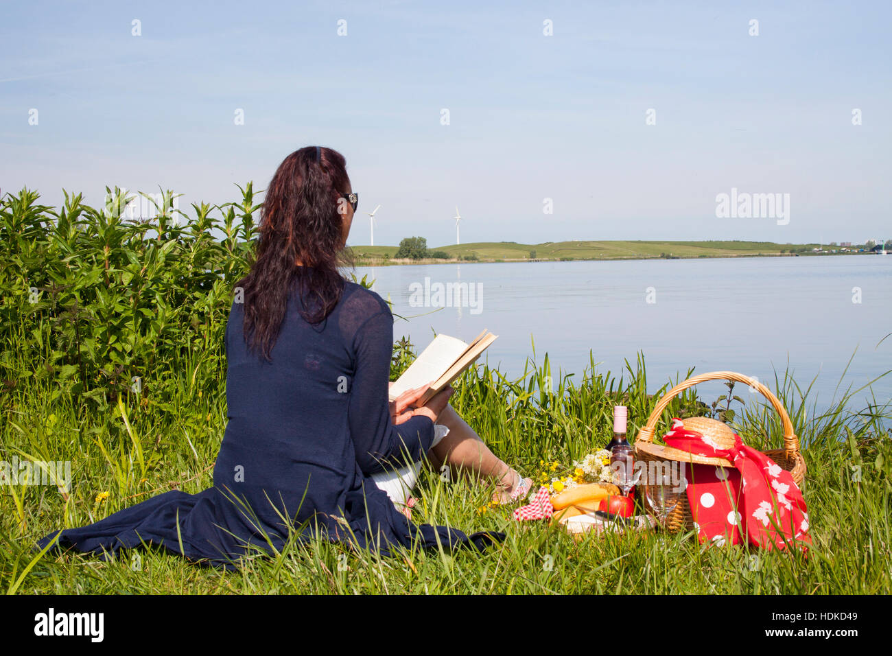 Women reading a book with picnic basket Stock Photo - Alamy
